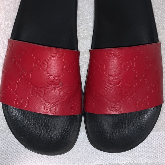 Gucci | Shoes | Gucci Red Rubber Gg Monogram Signature Pool Slide ...